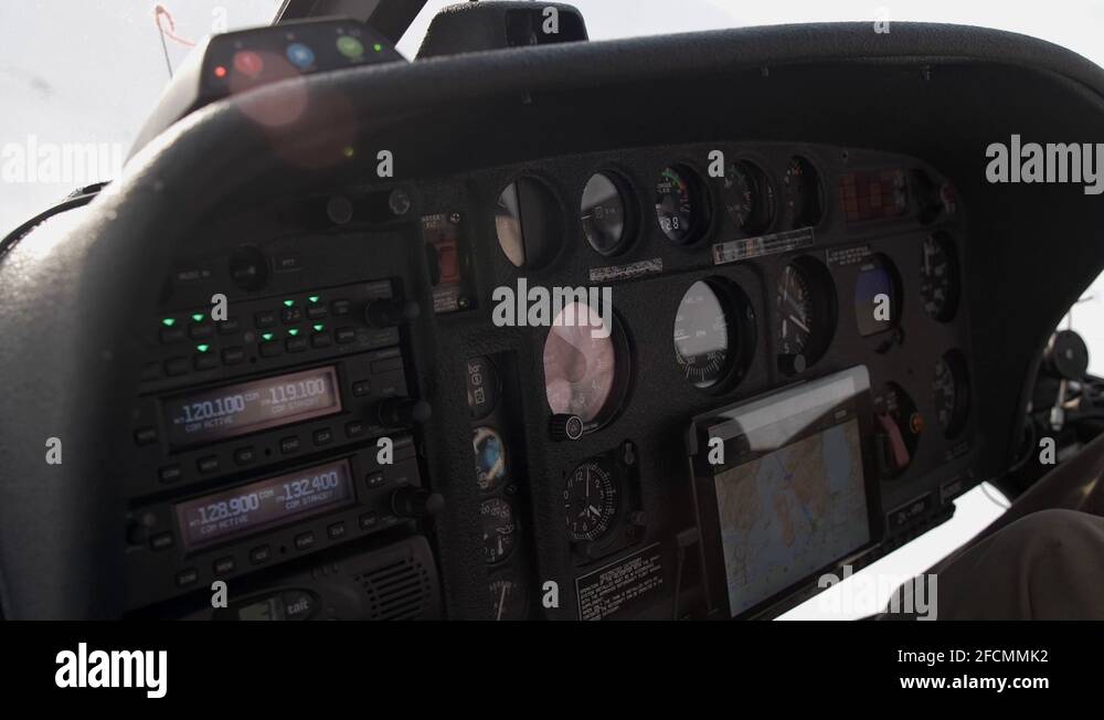 In flight helicopter cockpit dashboard, instrument, navigation panel ...
