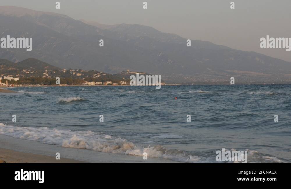 Mount Olympus and Platamonas castle above Aegean sea beach 4K footage ...