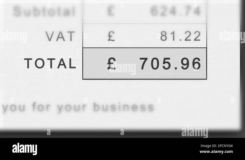 Static animation of a growing invoice total in British Pounds with VAT ...