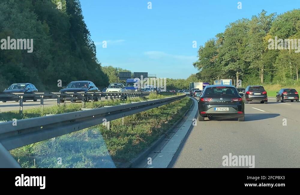 German highway / motorway during heavy traffic near Stuttgart. Heavy ...