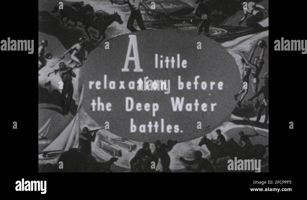 1930s: Intertitle card. People relax on beach. Waiters serve people on ...