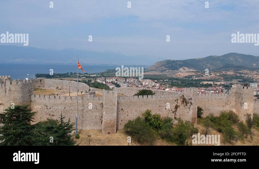 Ascending aerial view of King Samoil Fortress, overlooking lake Ohrid ...