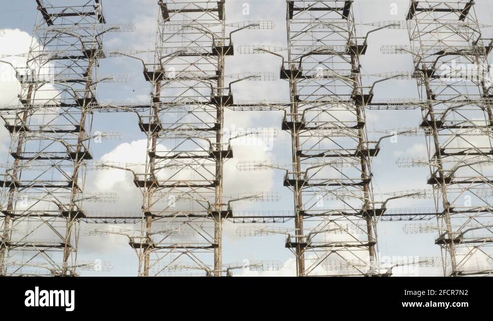 Slow rising drone reveal shot from Cold War era Duga Radar in Chernobyl ...