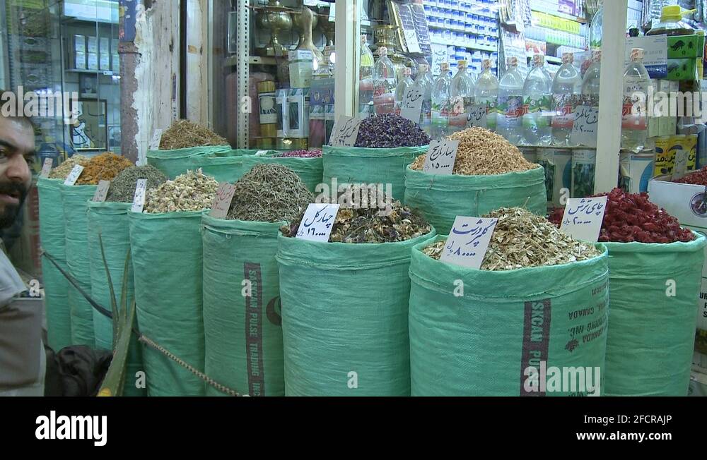 Herbs and spices with price tags inside Grand Bazaar in Tehran, Iran ...