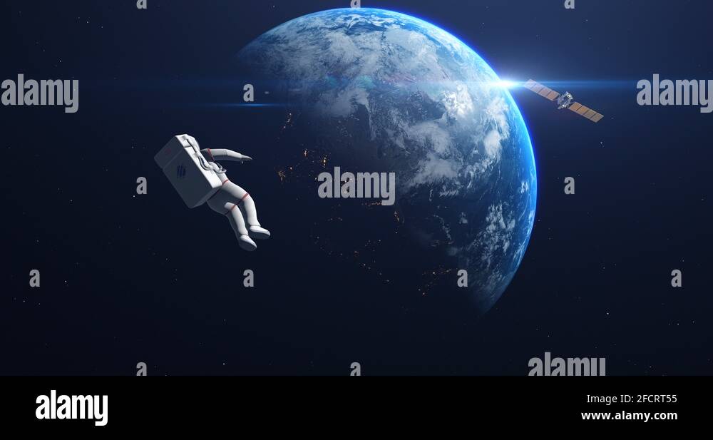 Astronaut Flying Over Orbiting Earth With Satellites. Beautiful ...