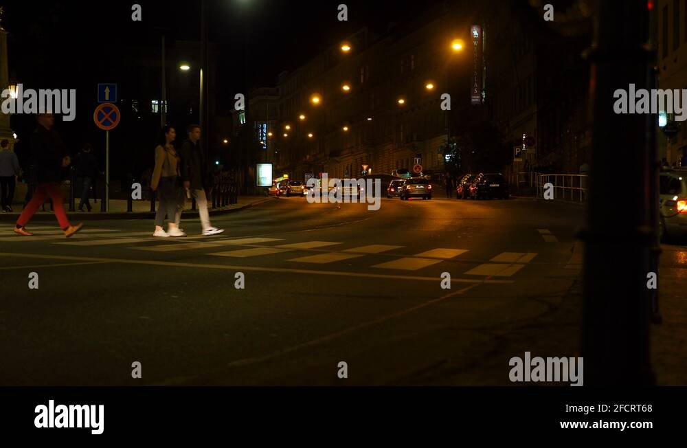 Pedestrian people walking on zebra crossing on street in dark night ...