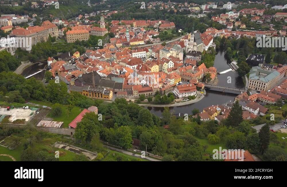 Czesky Krumlov in the Czech Republic. Dron footage on the city Stock ...