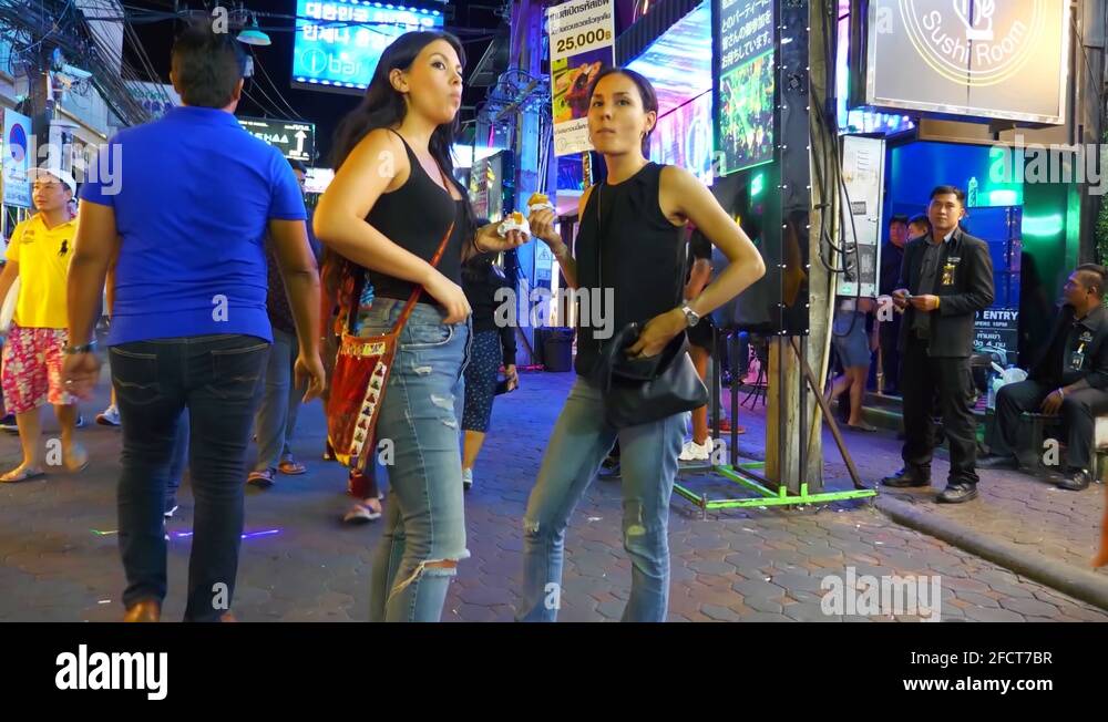 Asian Sex Workers Walking Street After Midnight Girls Having Snack On
