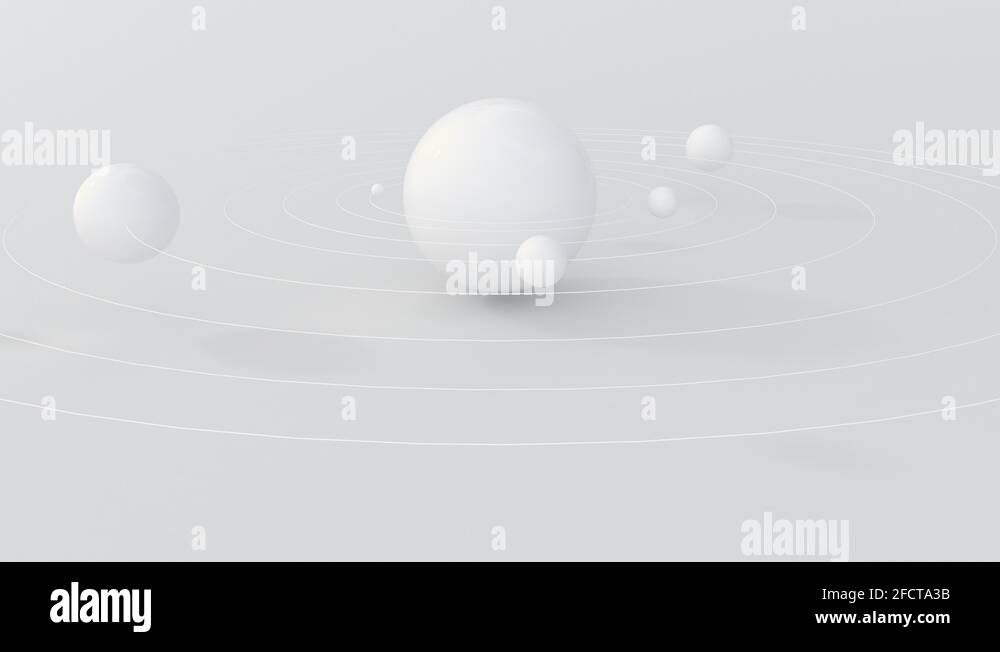 Abstract 3d render of solar system with white planet and trails. Space ...