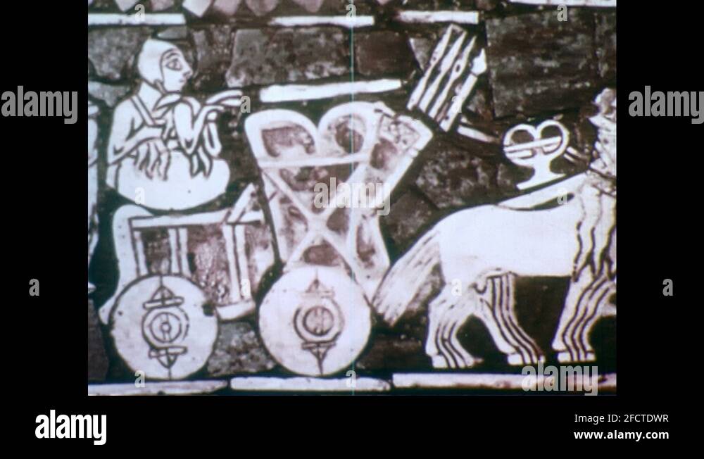 1950s: Sumerian painting, army of men in cloaks, helmets hold swords ...