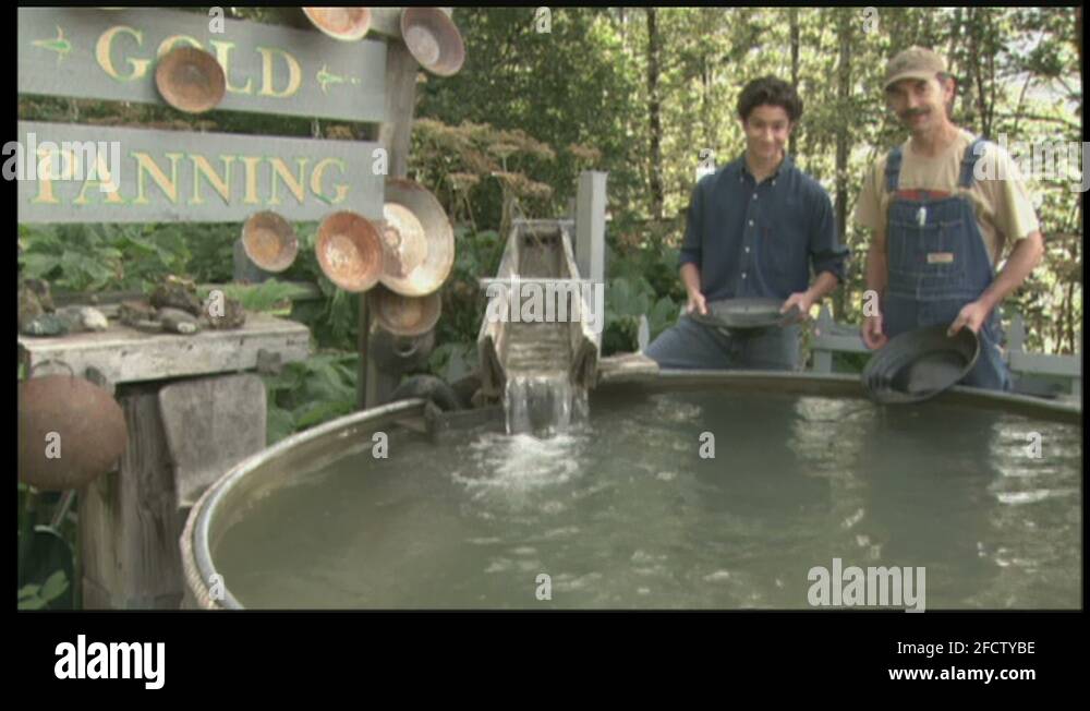 2000s: UNITED STATES: man and boy gold panning. Gold in pan. Boy with ...
