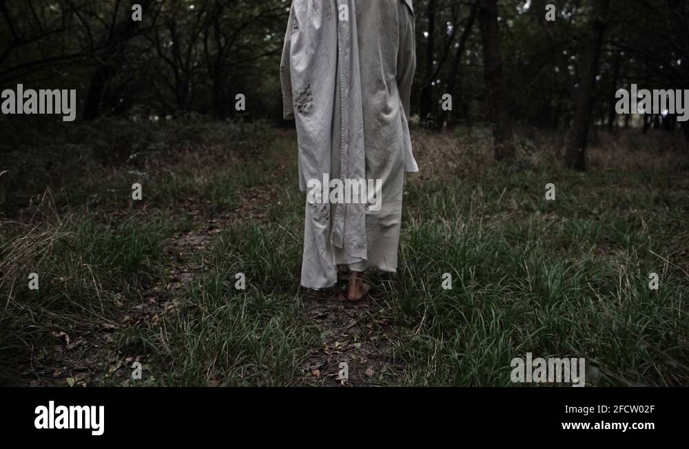 Robed man or Jesus walking through forest trees. Dramatic and moody ...