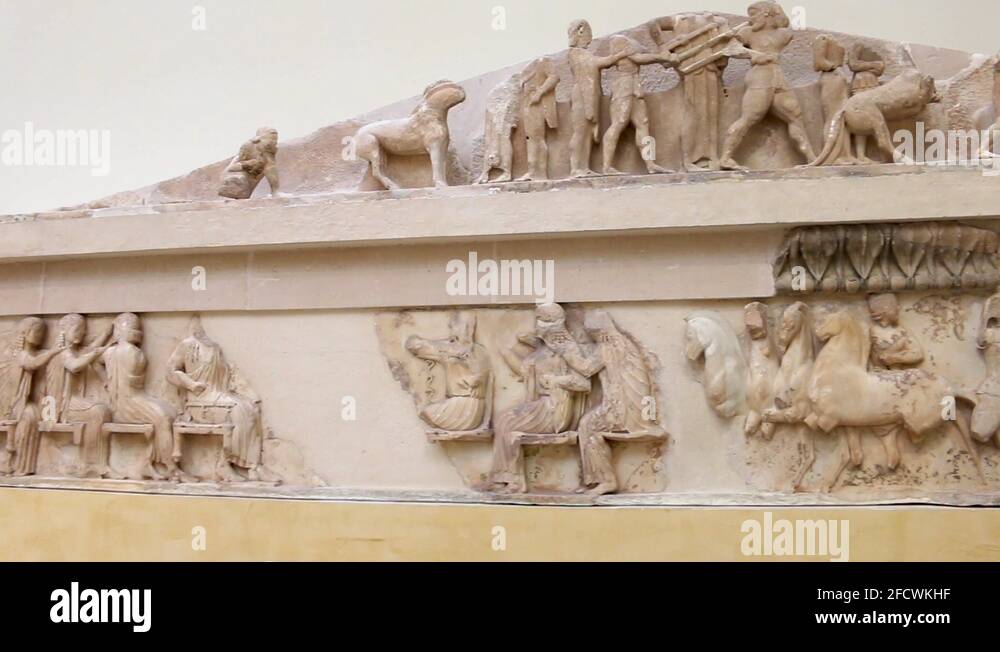 Close overview of Treasury of Siphnos at Delphi Archaeological Museum ...