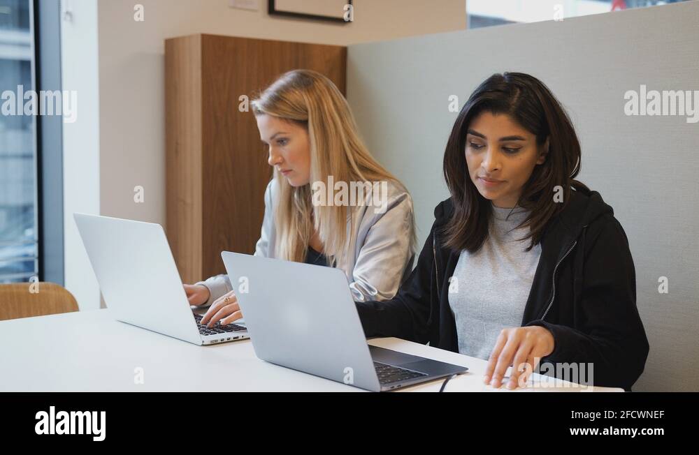 Two Young Businesswomen With Laptops Working Side By Side In Modern ...