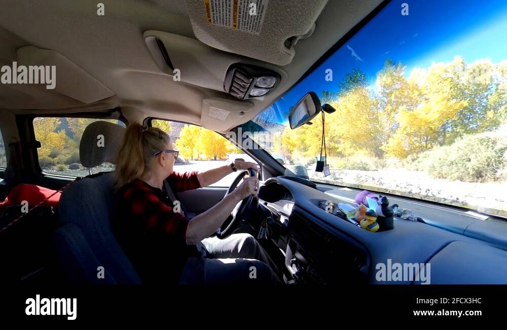 Old lady driving home after walking in a riverside park in the autumn ...