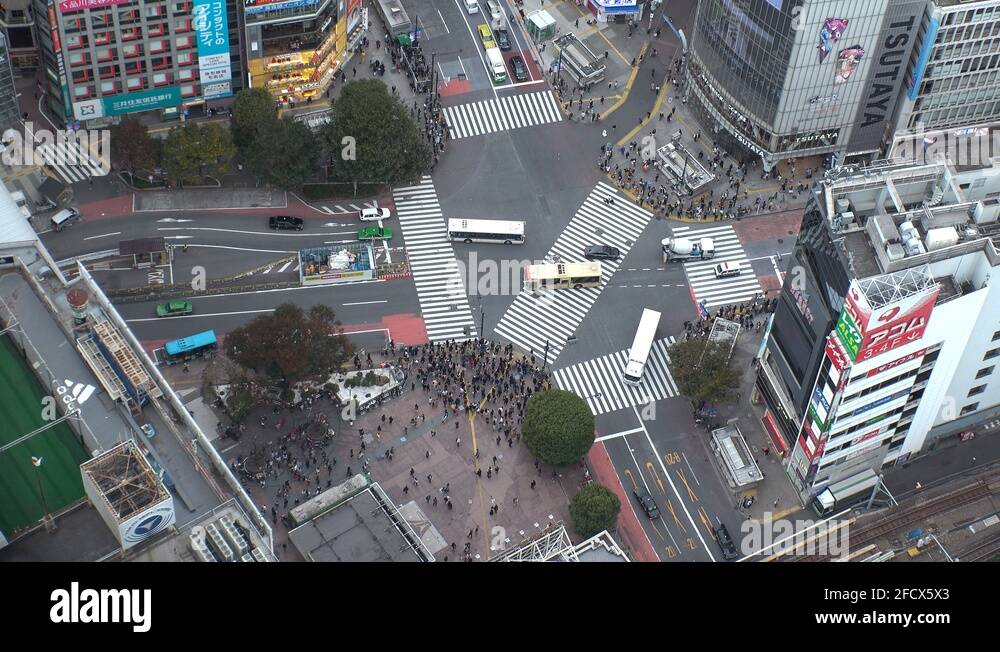 TOKYO, JAPAN : Aerial view of SHIBUYA crossing. Crowd of people at the ...