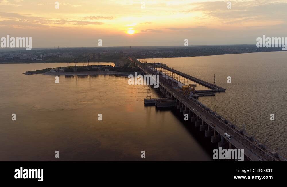 From great hight epic sunset under hydropower plant hydroelectric power ...