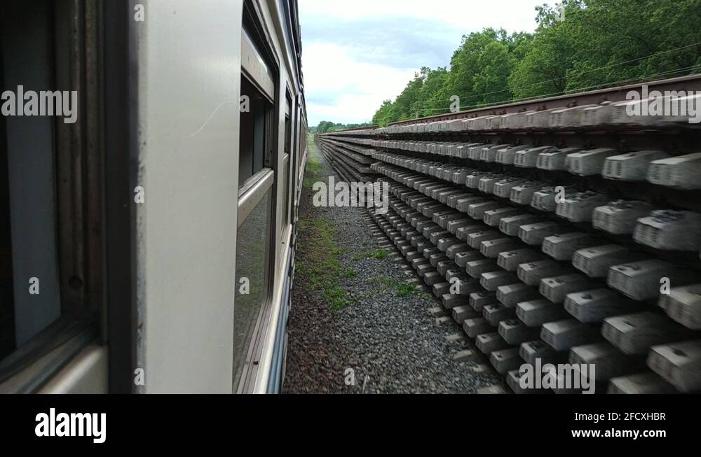 Train ride, view from window. Old train passing rails warehouse Stock ...