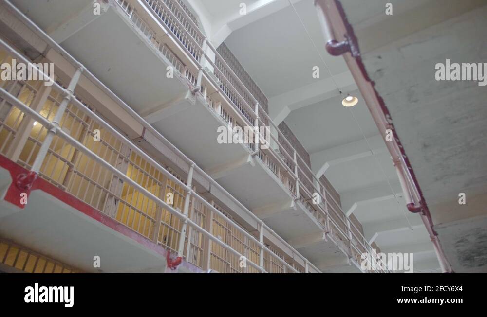 Panoramic view of the prison cells inside the prison of Alcatraz ...