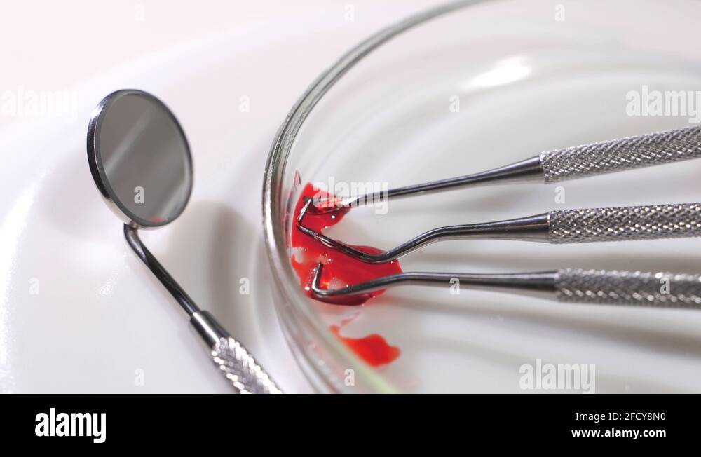Dental instruments for removing the tooth on the table. Bloodied torn ...
