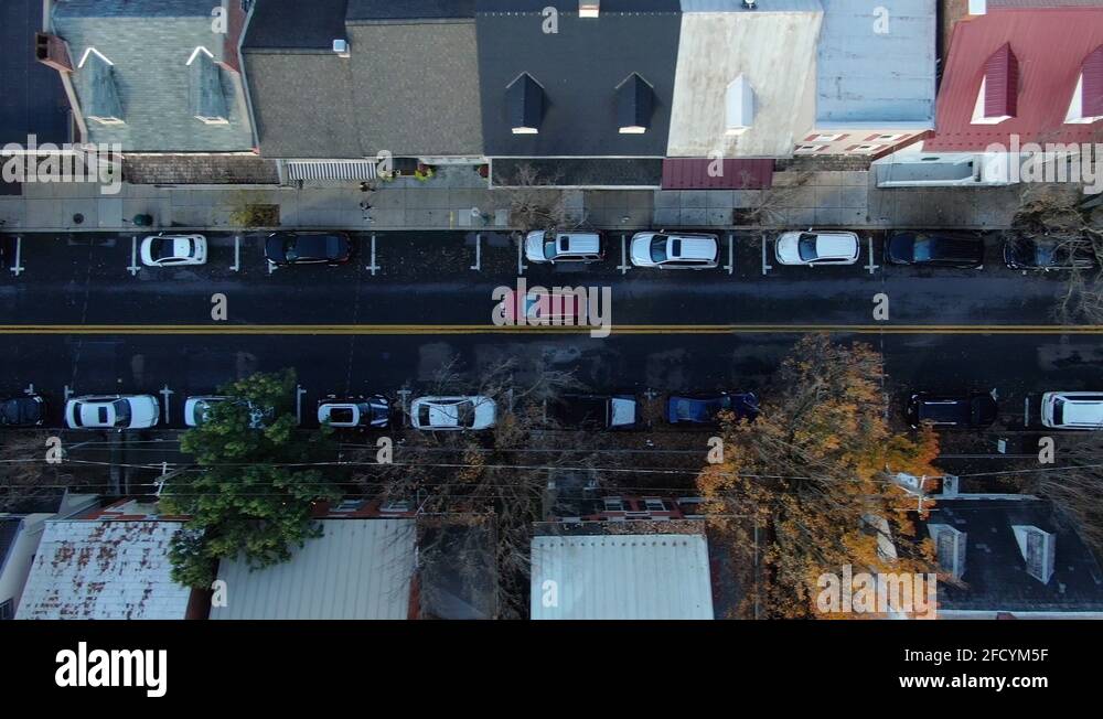Lititz downtown, Aerial top down view of streets in Autumn as cars ...