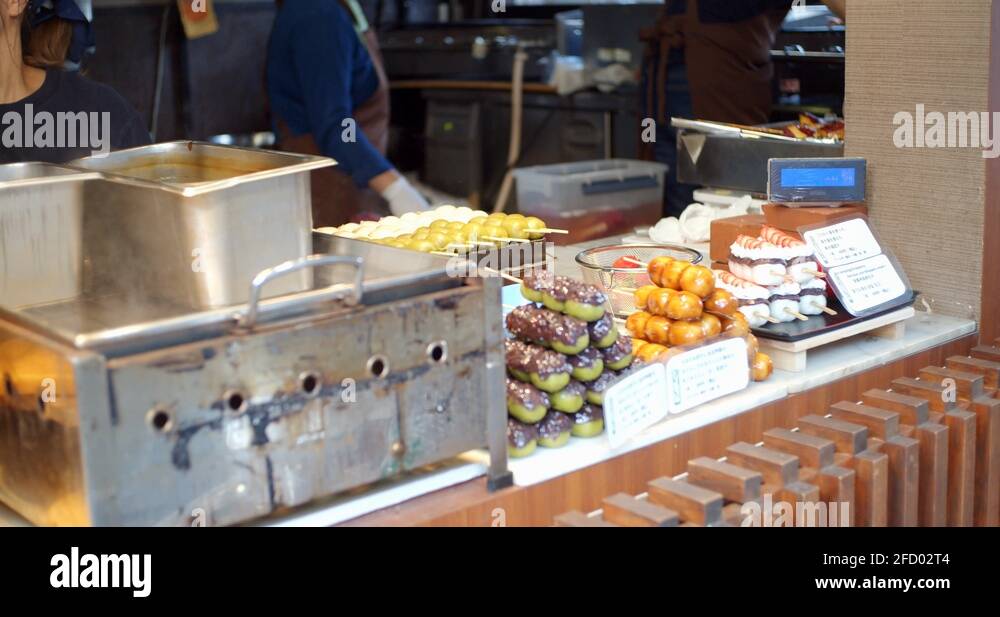 Asian dongo snacks at a concession stand in Kyoto, Japan lunch time ...