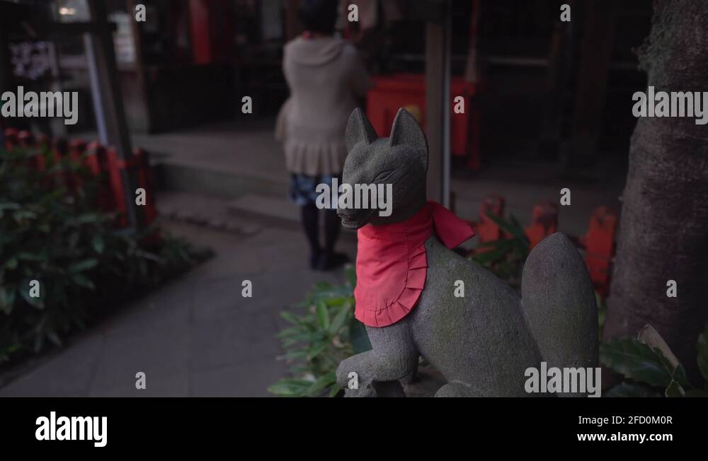 This stone statue of a fox is a guardian of a shrine behind. The lady ...