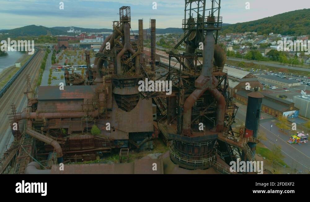 Bethlehem Steel Mill: Medium Wide aerial flying through the steel ...