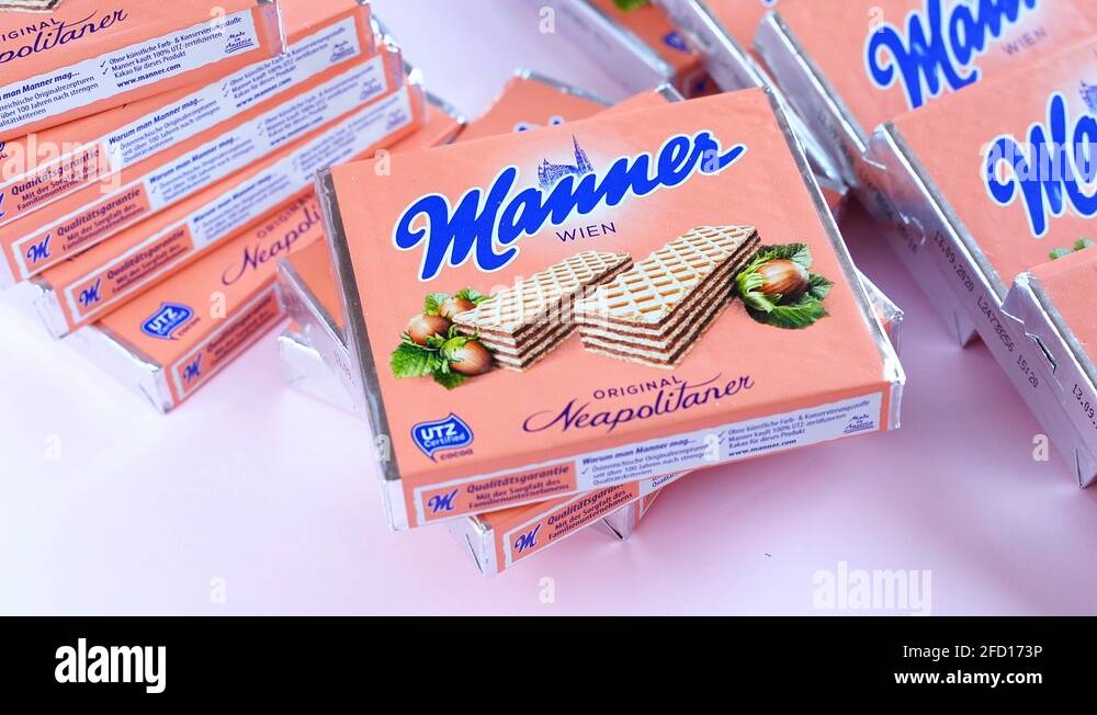 Manner waffles. "Neapolitan wafers". Hazelnut-cream filled wafers Stock ...