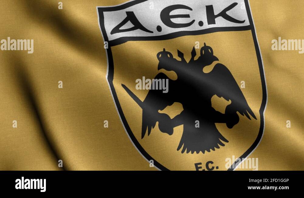 3D rendering/illustration of a flag waving from the soccer team AEK ...