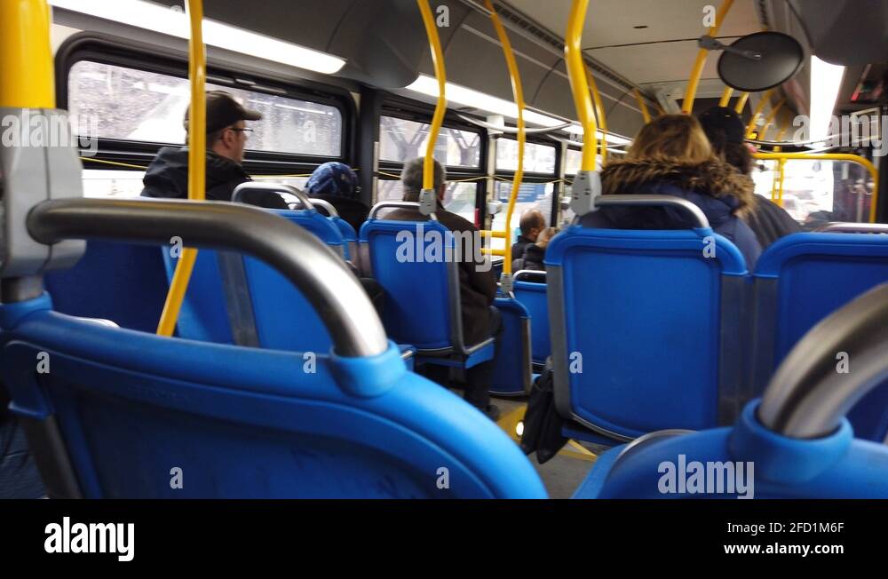 People Taking Public Transit City Bus Interior View Panoramic From Left ...