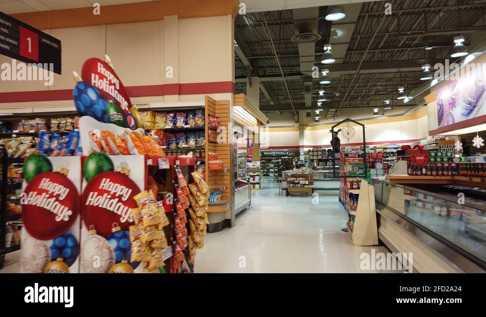 Grocery Store Supermarket Walking Through Junk Food Cakes Pies Meats ...