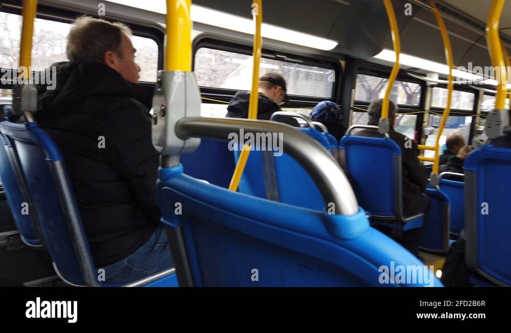 People Taking Public Transit City Bus Interior View Panoramic From Left ...