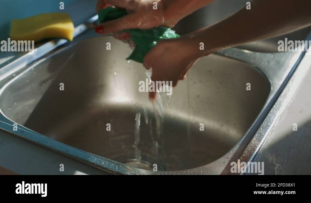 Girl Hands Wring Duster under Water Stream in Sink Stock Video Footage ...