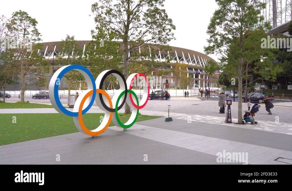 The Olympic monument for Olympic Games in Tokyo, held in 2020, in front ...