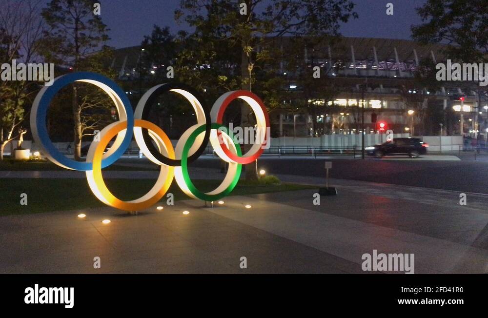 Olympic Rings In Front Of New National Stadium. Tokyo, Japan Stock ...