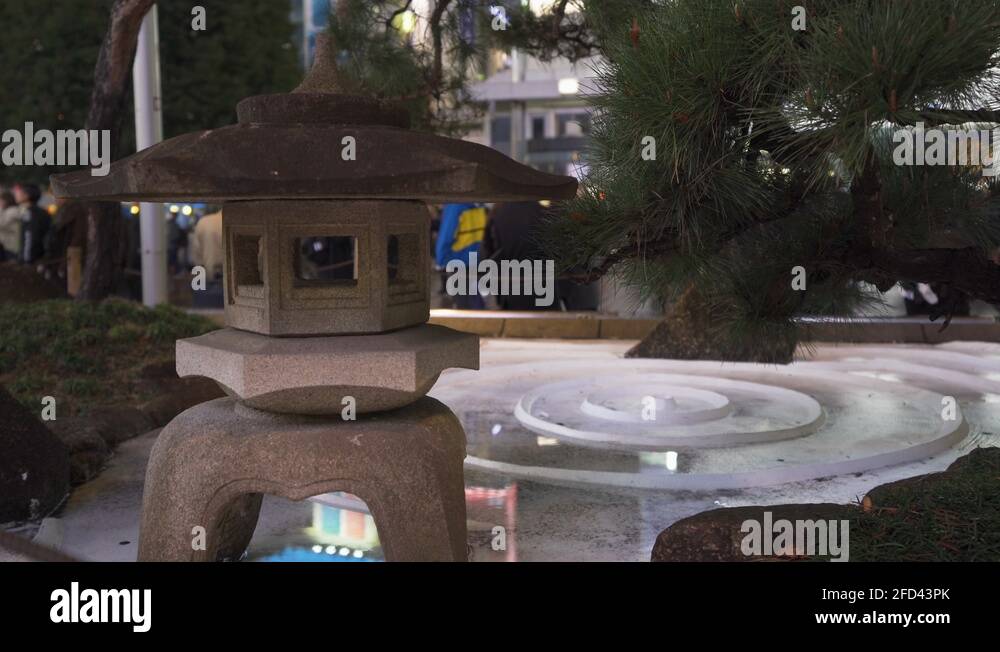 Japanese traditional toro and pine tree in front of Shibuya Station ...