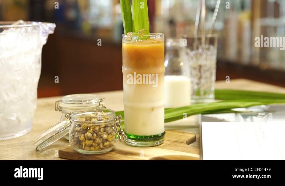 Iced Latte 3 Colors with Pandan Garnish - Tilt Up Stock Video Footage ...