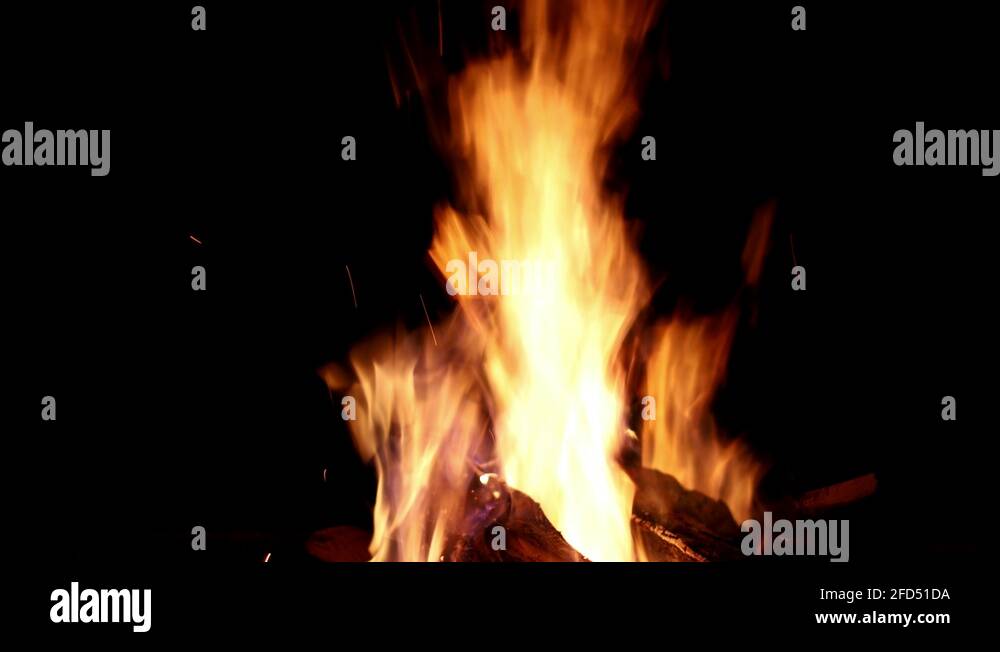 Wide view of raging outdoor fire with flames leaping from burning logs ...
