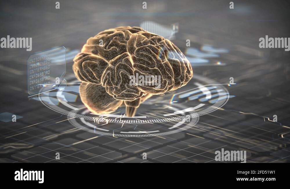 Yellow color brain animation in sci-fi style. Deep learning computer ...