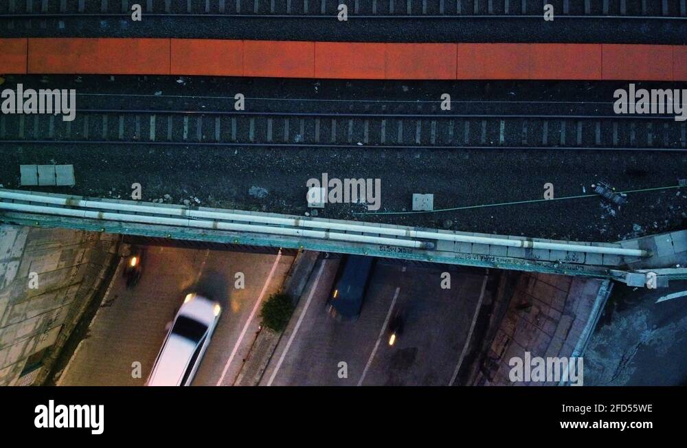 Flyover Highway Traffic Flow In night. Overhead View. 2.7K resolution ...