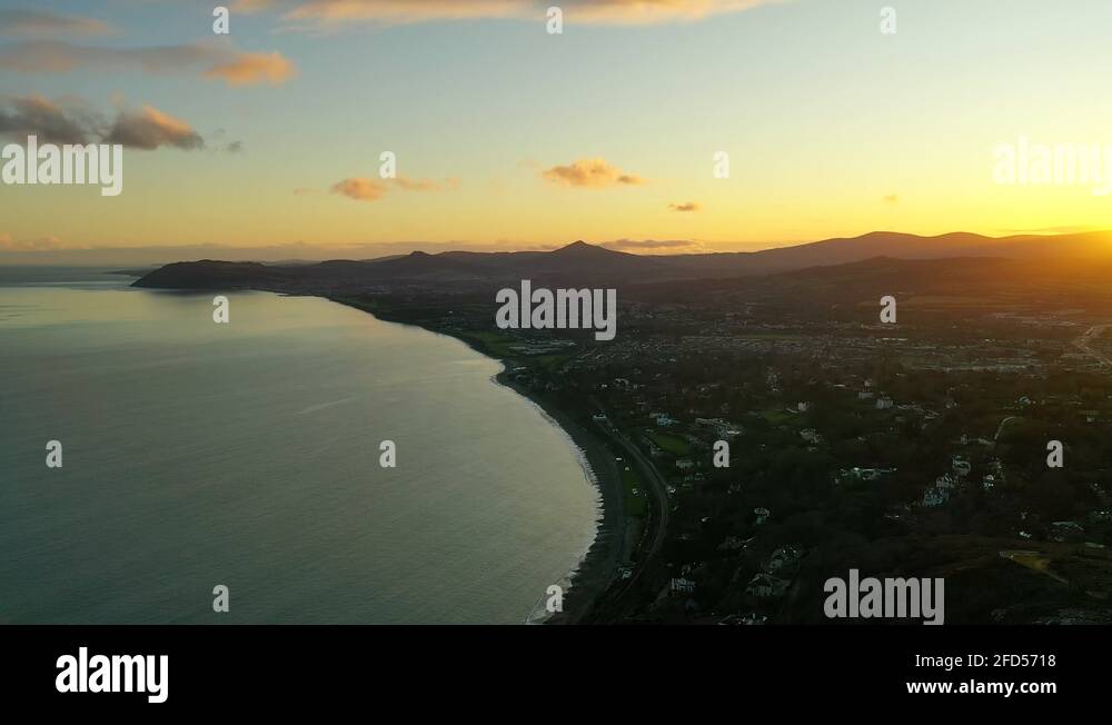 Killiney Bay, Dublin, Ireland, Sunset, December, Drone Pulls Backwards ...