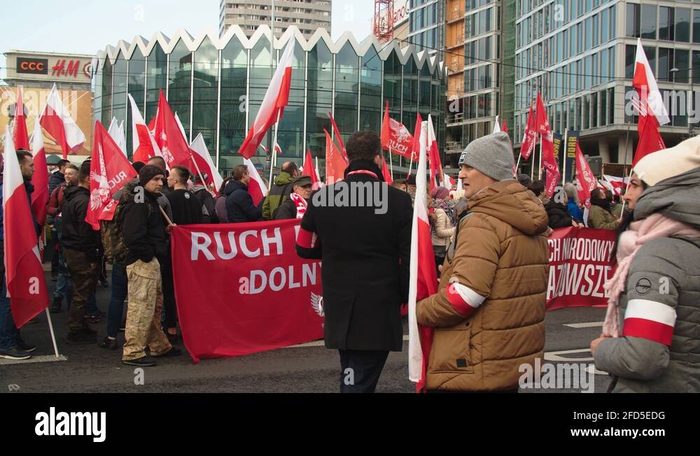 Polish march on street of capital city on Warsaw independence day with ...
