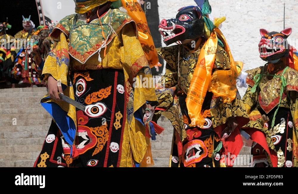 Tibetan monk Buddhist religion ceremonial Cham dance in traditional ...