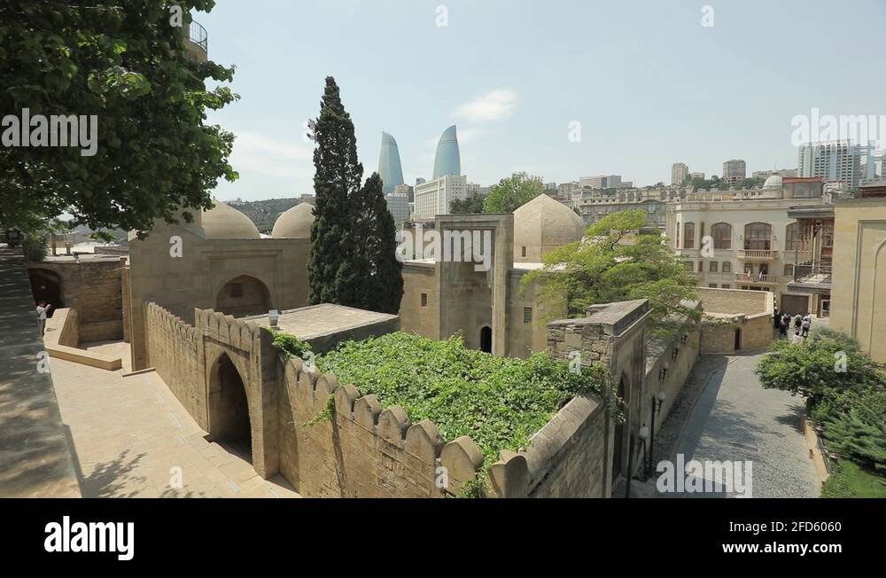 Panorama of the old city in Baku. Stone-paved streets, unrecognizable ...