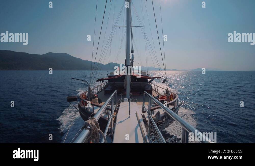 Sailing boat ultrawide view from front bow, jibboom, back of ship and ...