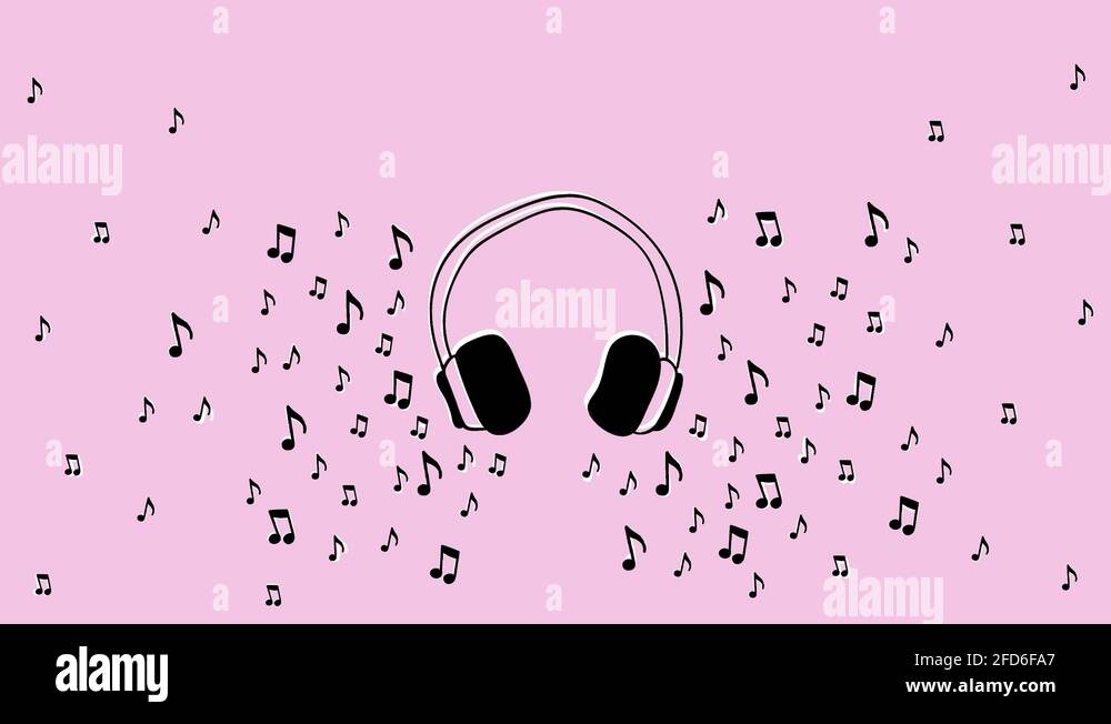 Loopable animation of headphones surrounded by musical notes on a pink ...