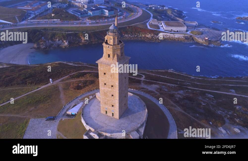 Landscape of tall ancient Roman lighthouse Tower of Hercules, Spain ...