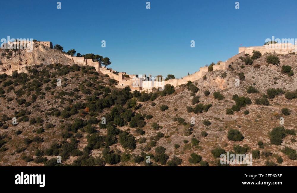 Aerial panoramic pan from an angle of an old medieval castle from afar ...