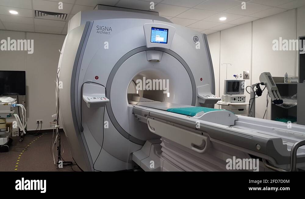 CT scan room in a new modern cancer treatment hospital. CT and MR scan ...